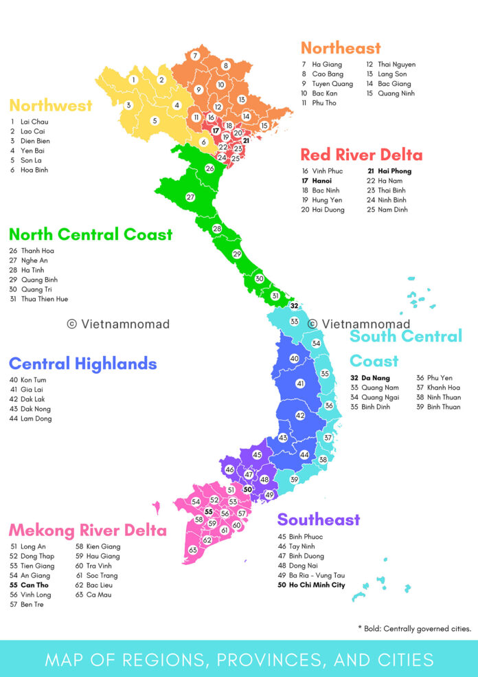 Vietnam Map with Regions, Provinces, and Cities | Vietnamnomad